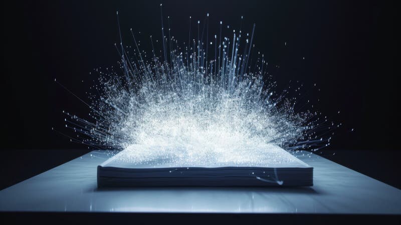 Exploding Book with Glowing Data Particles Stock Image - Image of ...