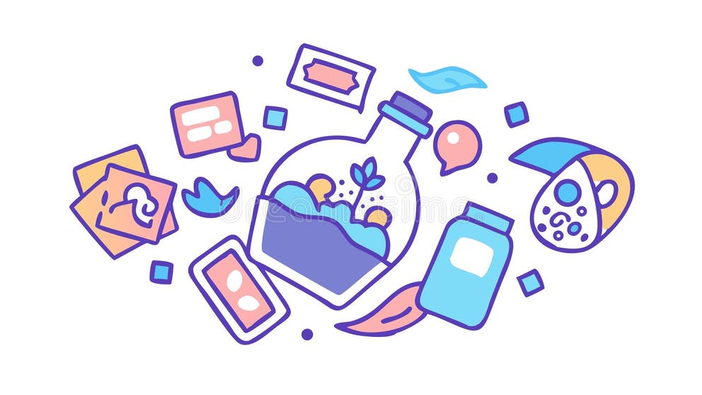 Exploding Bottle of Potion and Magic Ingredients, Vector Design ...