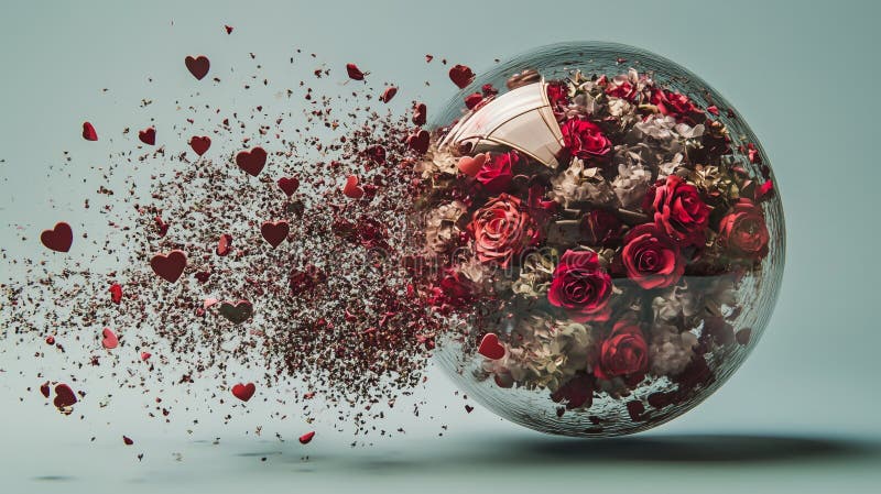 Exploding Bouquet of Roses in a Glass Sphere with Floating Hearts Stock ...