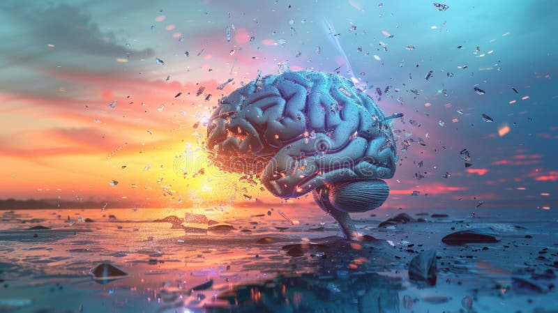 Exploding Brain Concept Art at Sunset Stock Illustration - Illustration ...