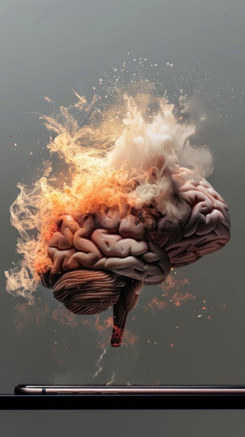 Exploding Brain with Fiery Smoke on Digital Interface Stock ...