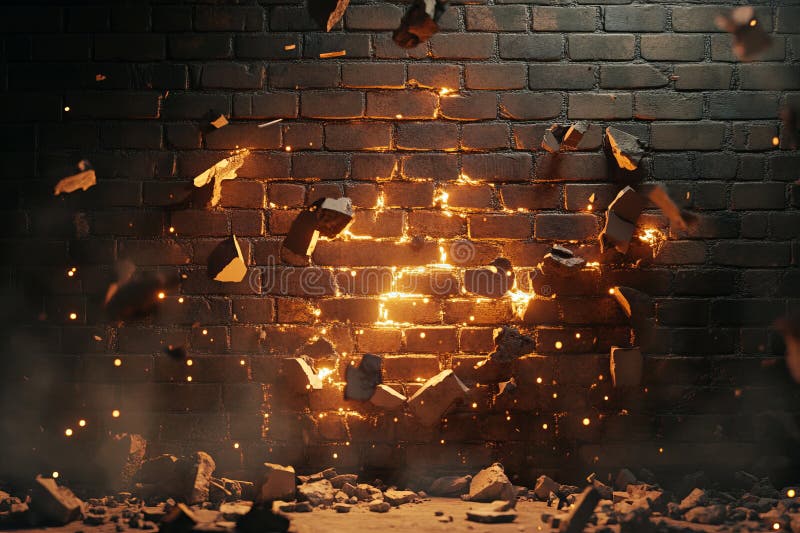 Exploding Bricks with Glowing Firelight in Dark Wall Background Stock ...
