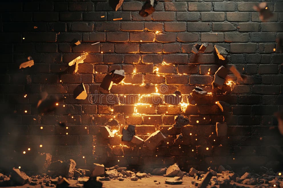 Exploding Bricks with Glowing Firelight in Dark Wall Background Stock ...