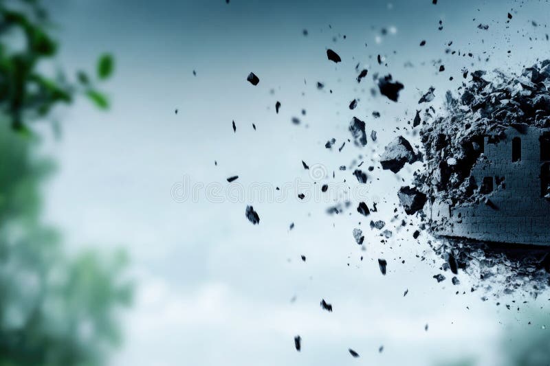 Exploding Bricks from Stone Tower Against Clear Sky Background Stock ...