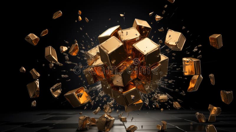 Exploding Bronze Cubes on Dark Floor Stock Illustration - Illustration ...