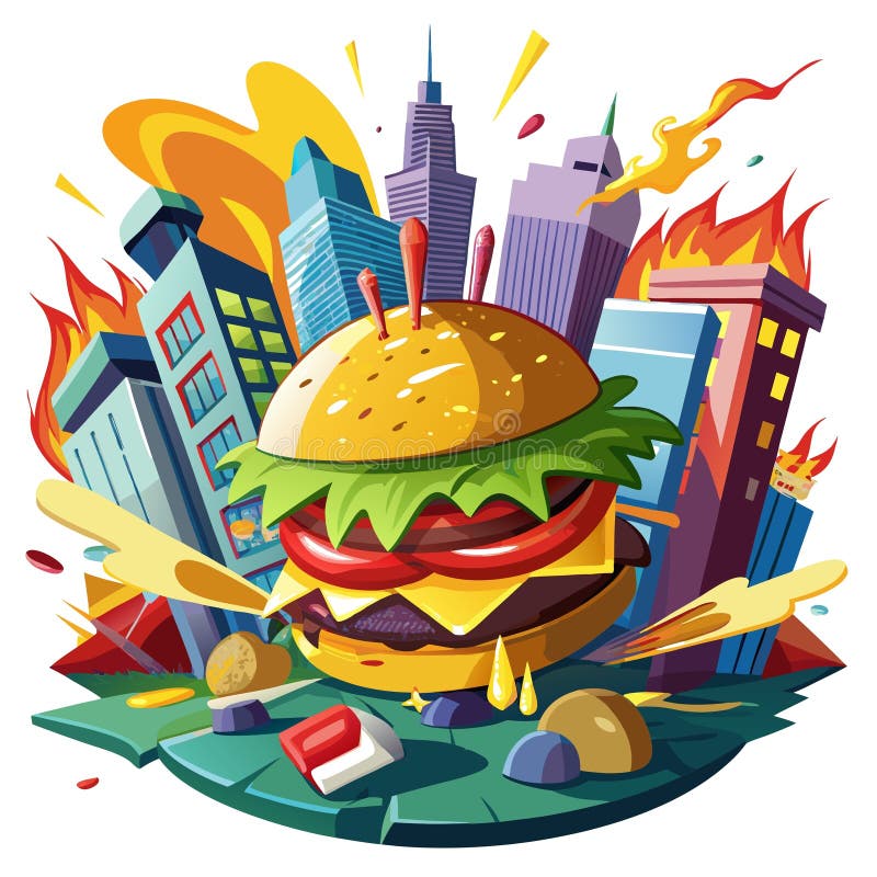 Exploding Burger in the City Stock Vector - Illustration of vegetables ...