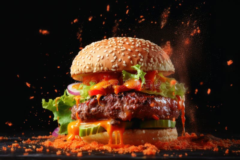 Exploding Burger on a Dark Background Created with Generative AI ...