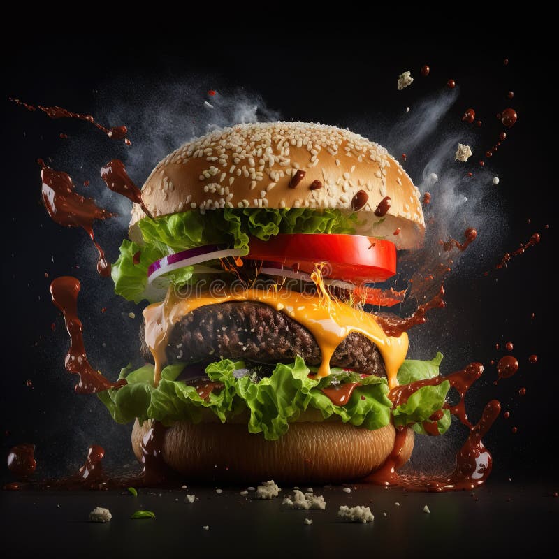 Exploding Burger stock illustration. Illustration of tomatos - 269763970