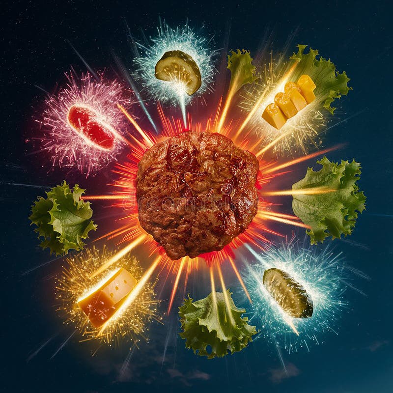 Exploding Burger with Fireworks Ingredients Stock Illustration ...