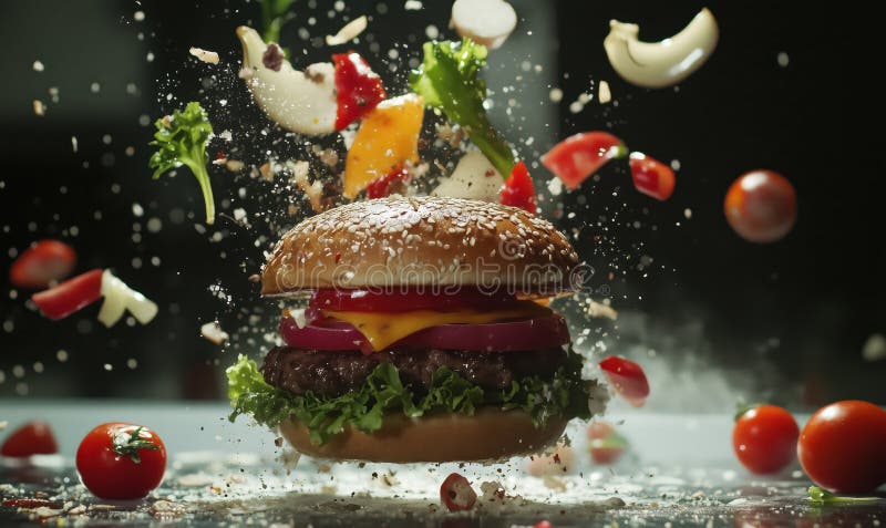 Exploding Burger with Fresh Ingredients, Sesame Seed Bun, Lettuce ...