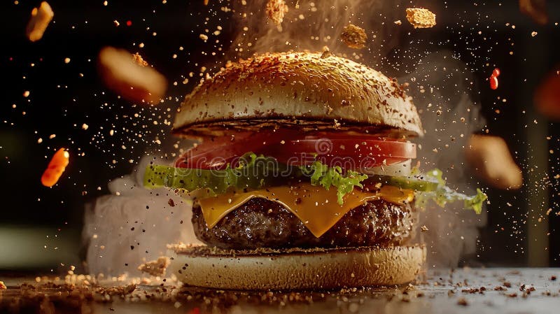 Exploding Burger with Sizzling Effects and Fresh Toppings Stock Image ...