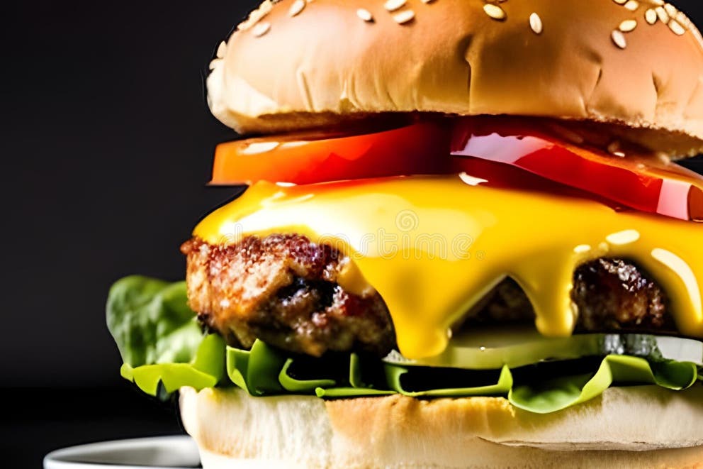 Exploding Burger with Vegetables and Melted Cheese on Black Background ...