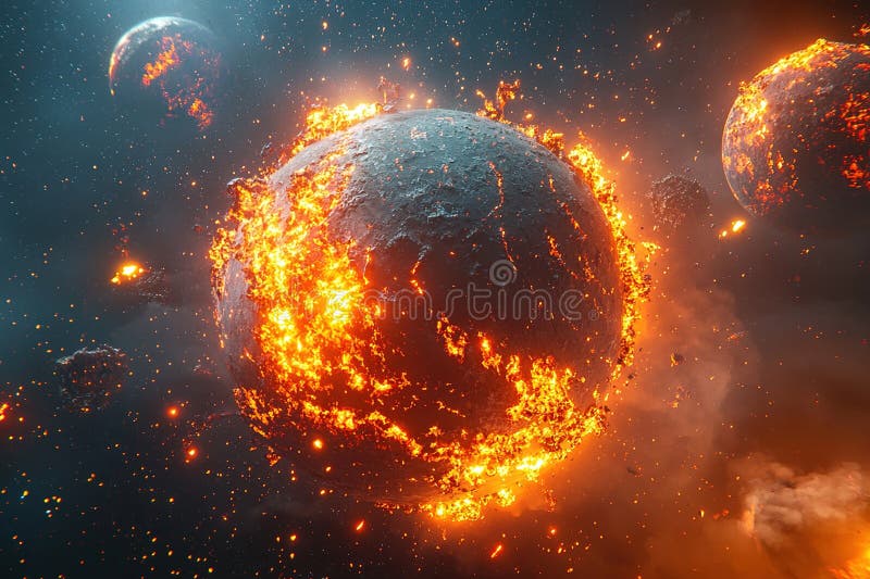 Exploding Burning Planet in Flames and Fire in Cosmos with Stars and ...