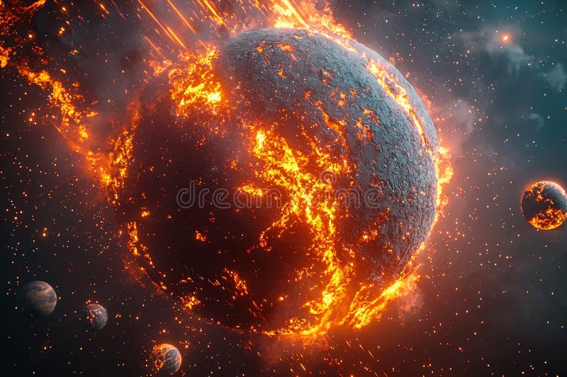 Exploding Burning Planet in Flames and Fire in Cosmos with Stars and ...