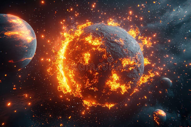 Exploding Burning Planet in Flames and Fire in Cosmos with Stars and ...