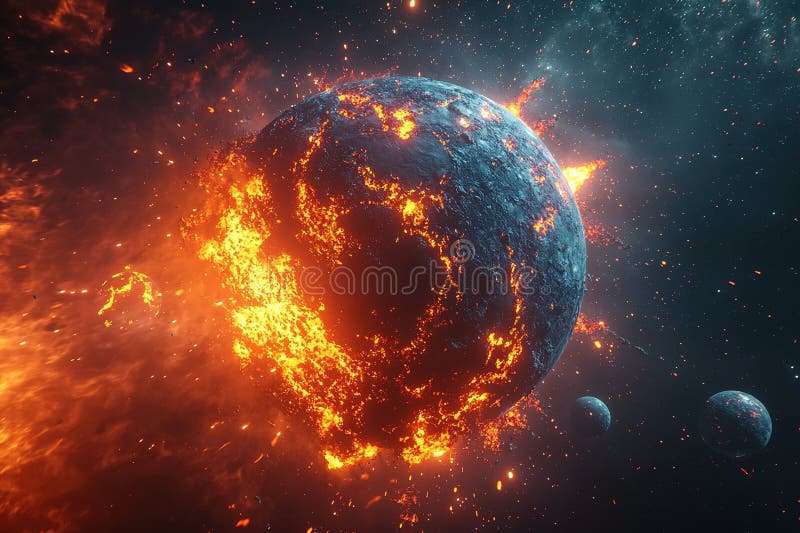 Exploding Burning Planet in Flames and Fire in Cosmos with Stars and ...