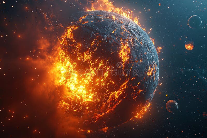 Exploding Burning Planet in Flames and Fire in Cosmos with Stars and ...