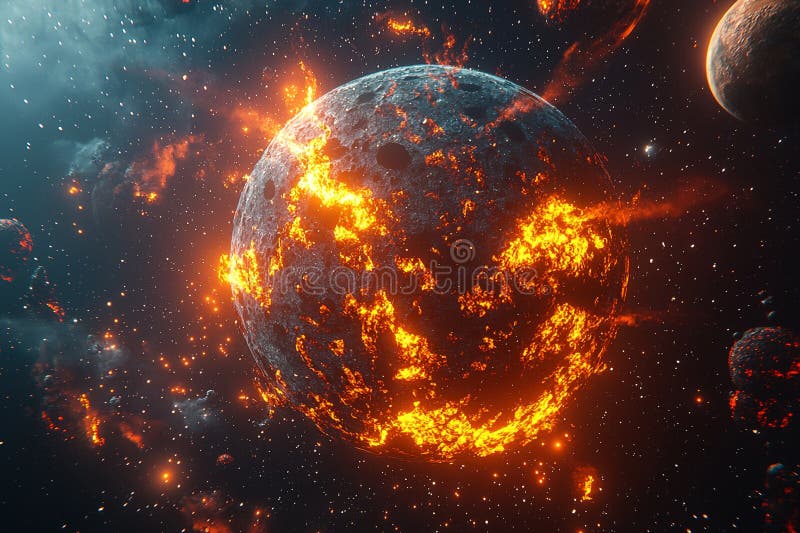 Exploding Burning Planet in Flames and Fire in Cosmos with Stars and ...