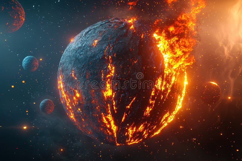 Exploding Burning Planet in Flames and Fire in Cosmos with Stars and ...