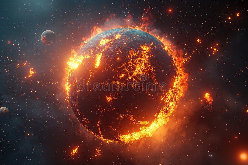 Exploding Burning Planet in Flames and Fire in Cosmos with Stars and ...