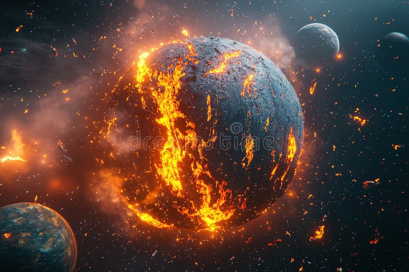 Exploding Burning Planet in Flames and Fire in Cosmos with Stars and ...