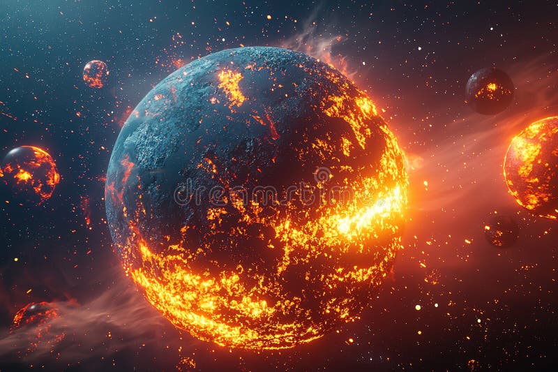 Exploding Burning Planet in Flames and Fire in Cosmos with Stars and ...