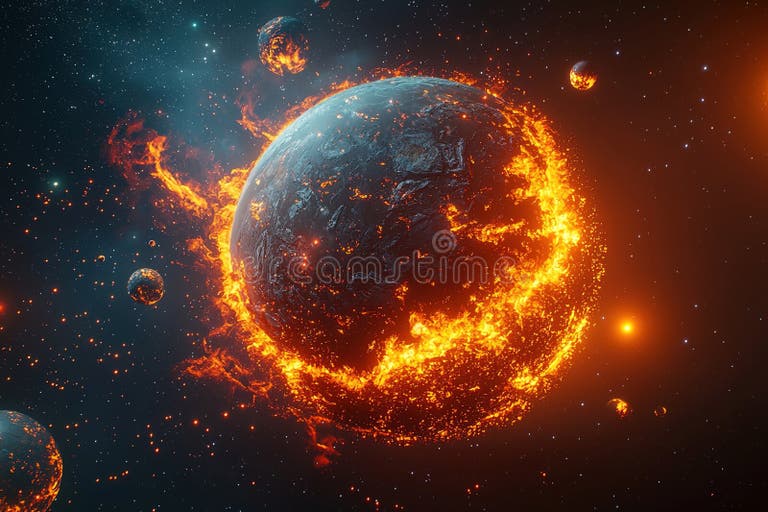 Exploding Burning Planet in Flames and Fire in Cosmos with Stars and ...