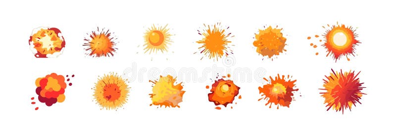 Exploding Bursts Set Flat Cartoon Isolated on White Background. Vector ...