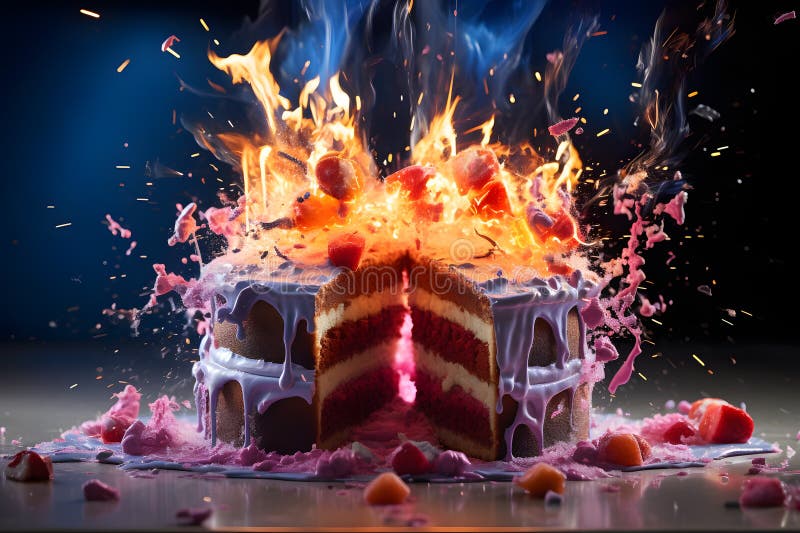 Exploding Cake For A Holiday Concept Of An Unexpected Funny Surprise For Fright Stock Image