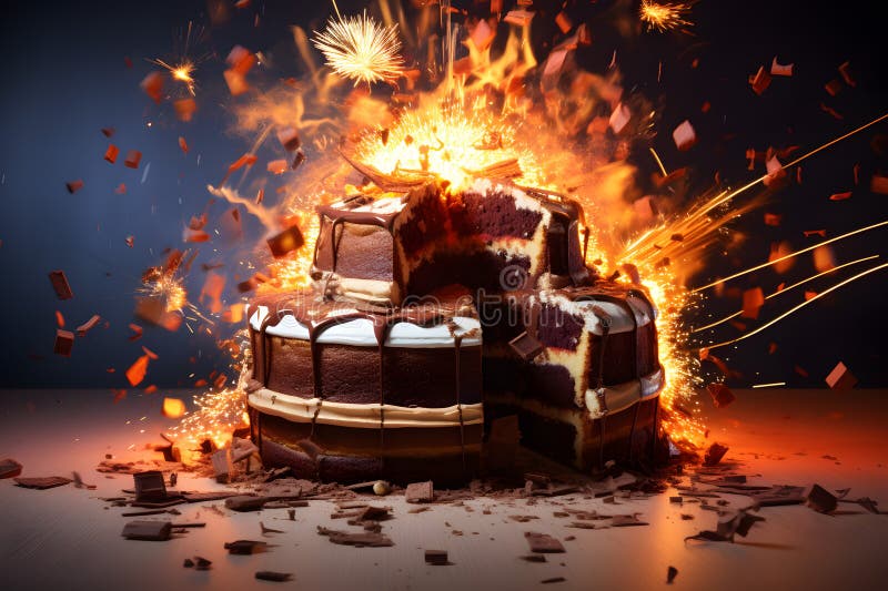 Exploding Cake for a Holiday, Concept of an Unexpected Funny Surprise ...