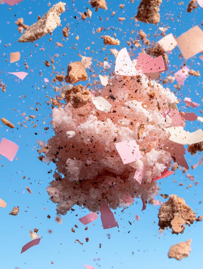 Exploding Cake with Pink and White Confetti Against a Blue Sky. Stock ...