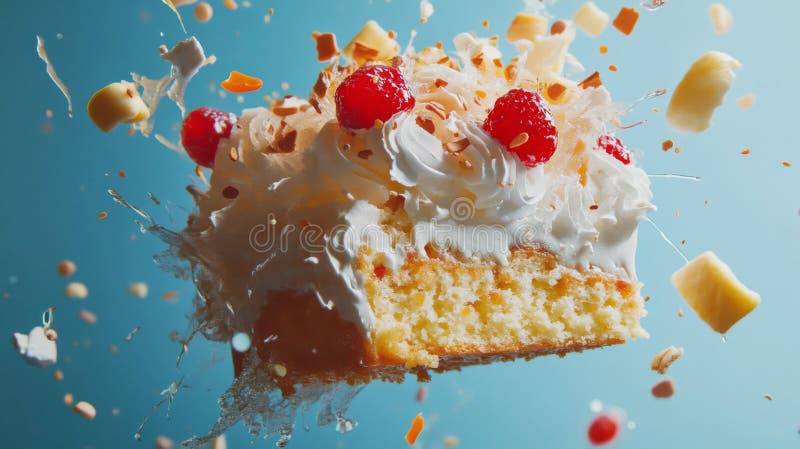 Exploding Cake with Raspberries and Whipped Cream Stock Illustration ...