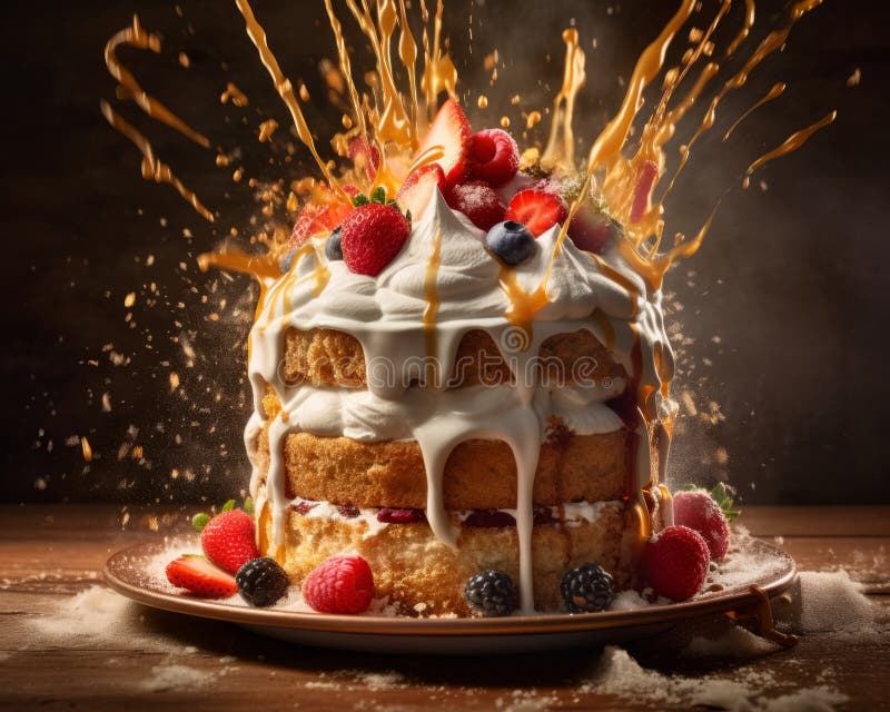 Exploding Cake with Splashes on Dark Background. Stock Illustration ...