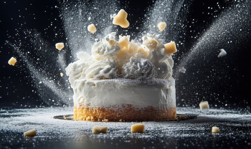 Exploding Cake with Whipped Cream and Chocolate Shards, Dynamic ...