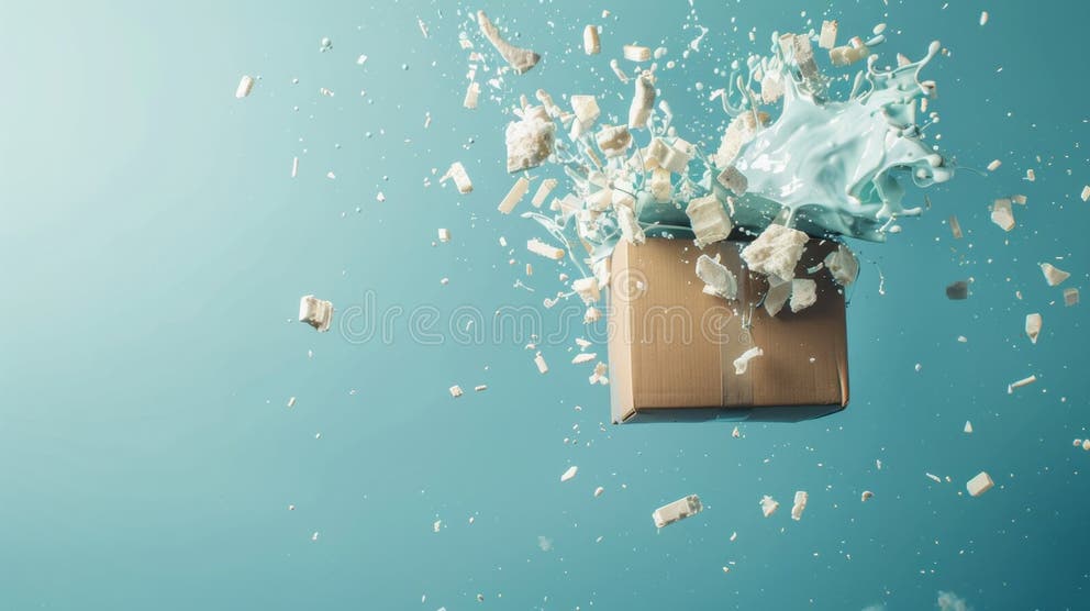 Exploding Cardboard Box with Splashes of Cream and Fragments Stock ...