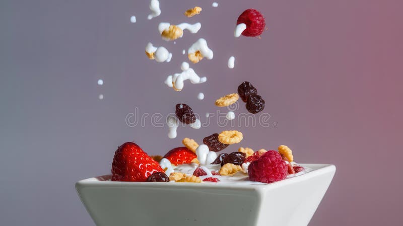 Exploding Cereal and Fruits from Square Bowl in Artistic Display Stock ...