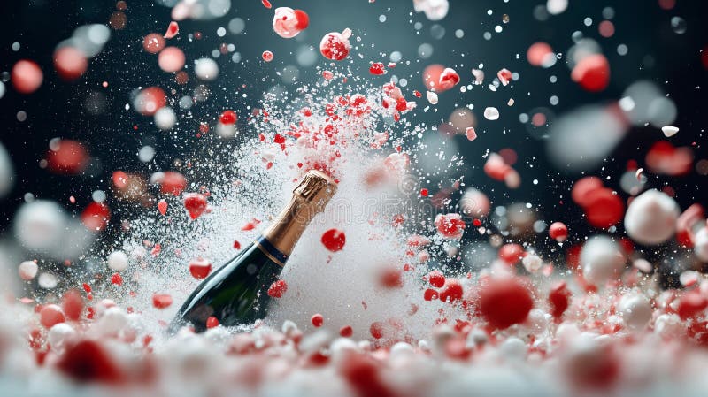 Exploding Champagne Bottle with Festive Red and White Confetti Stock ...
