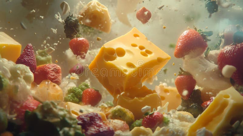 Exploding Cheese and Fruit Still Life Stock Illustration - Illustration ...