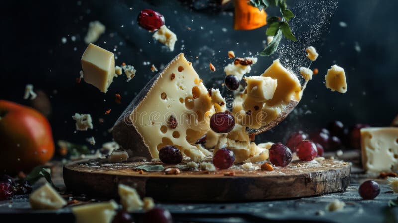 Exploding Cheese Wheel with Red Grapes on Wooden Board Stock ...