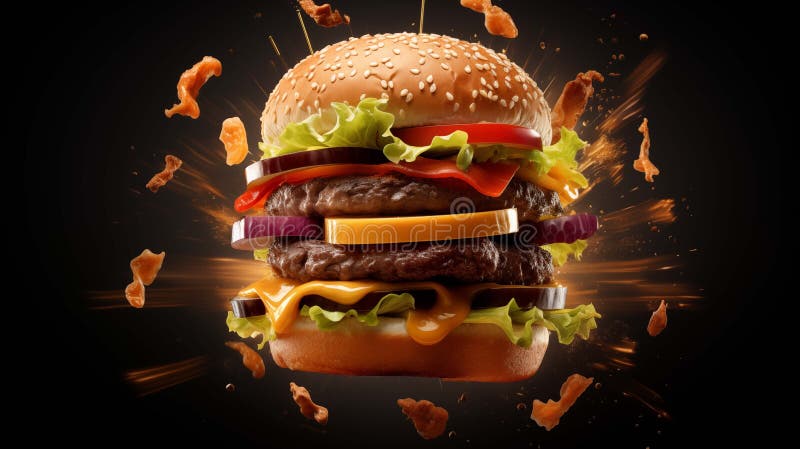 Exploding Cheeseburger with Dynamic Bacon Pieces Ai Generated Closeup ...