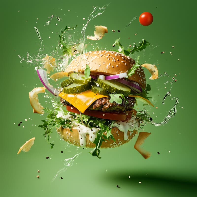 Exploding Cheeseburger with Fresh Ingredients Suspended in Motion Stock ...