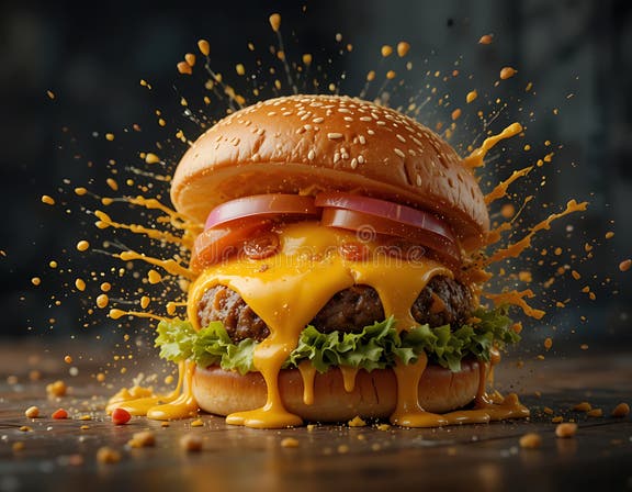 Exploding Cheeseburger with Melting Cheese and Fresh Ingredients Stock ...