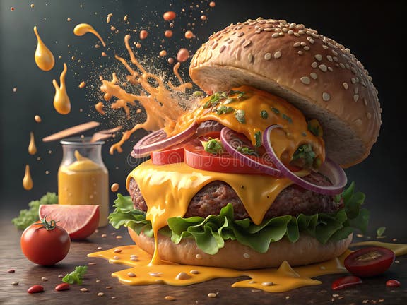 Exploding Cheeseburger with Melting Cheese and Fresh Ingredients Stock ...