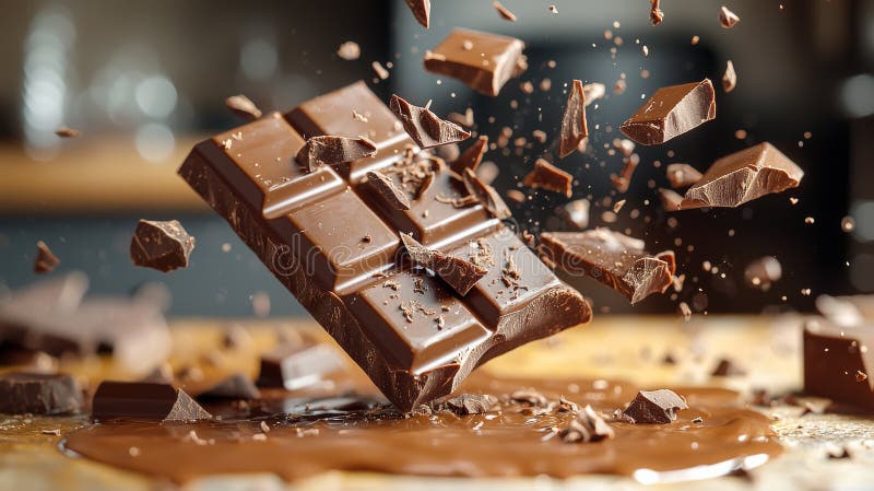 Exploding Chocolate Bar with Flying Chunks Amidst a Melting Puddle on a ...
