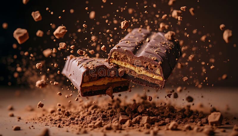 Exploding Chocolate Bar with Flying Cocoa and Caramel Chunks in Mid-air ...