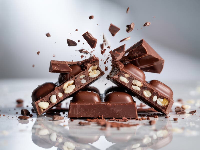Exploding Chocolate Bars with Nuts and Caramel in Dynamic Motion Stock ...
