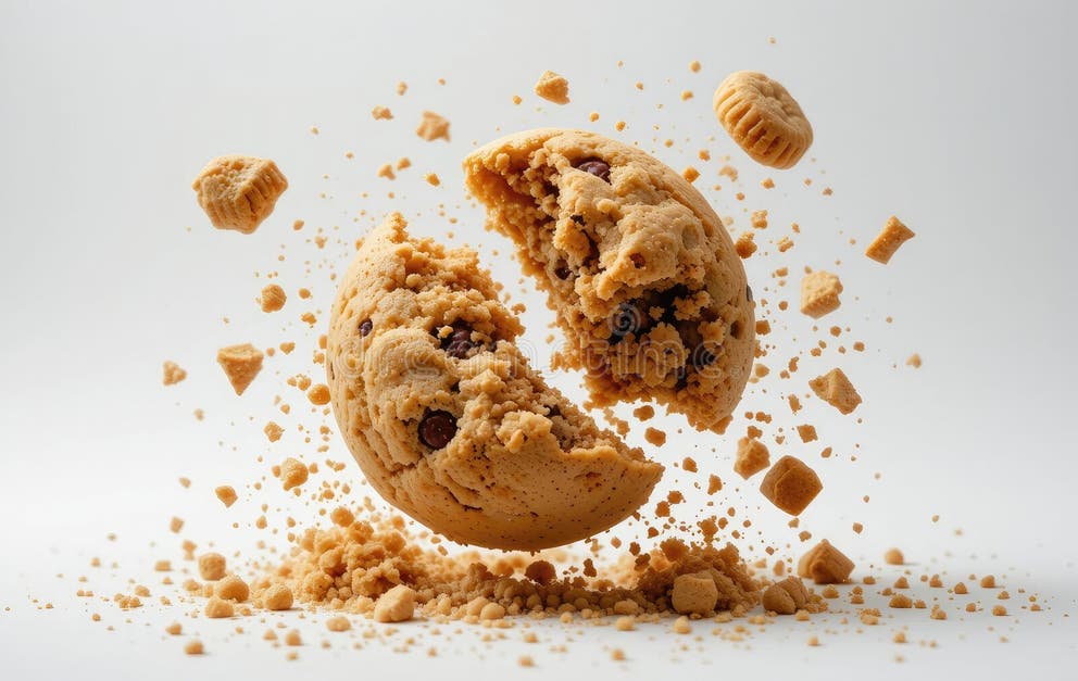 Exploding Chocolate Chip Cookie with Crumbs Mid-air on White Background ...