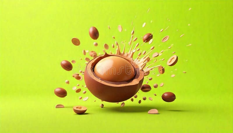 Exploding Chocolate Egg with Pieces on a Bright Green Background Stock ...