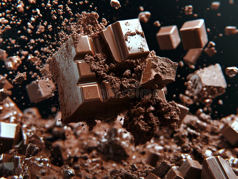 Exploding Chocolate Pieces and Cocoa Powder in a Dynamic Motion Stock ...