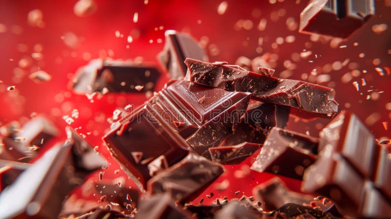 Exploding Chocolate Pieces with Dynamic Motion Against a Red Background ...